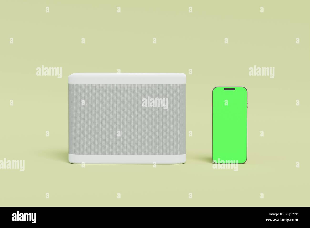 Portable wireless audio speaker system next to a modern smartphone with chromakey screen, 3d ...