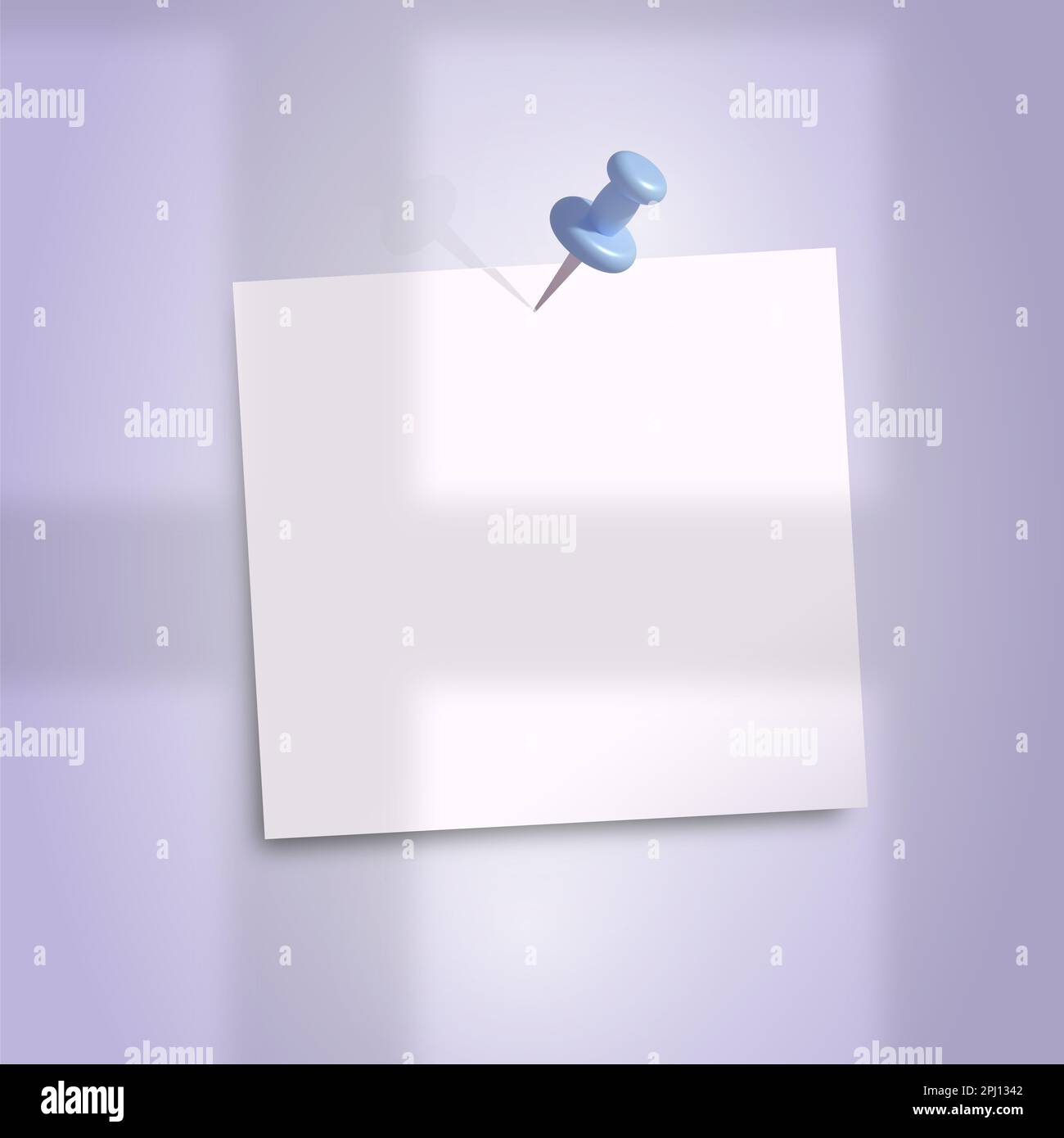 White note pinned on pastel lilac wall. 3d render. Blank little page ...