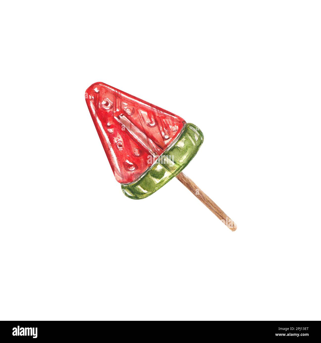 Watercolor illustration of a watermelon lollipop on a stick. Sweetness ...