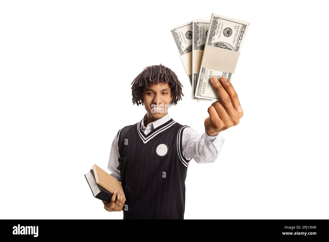 African american male student holding money isolated on white ...