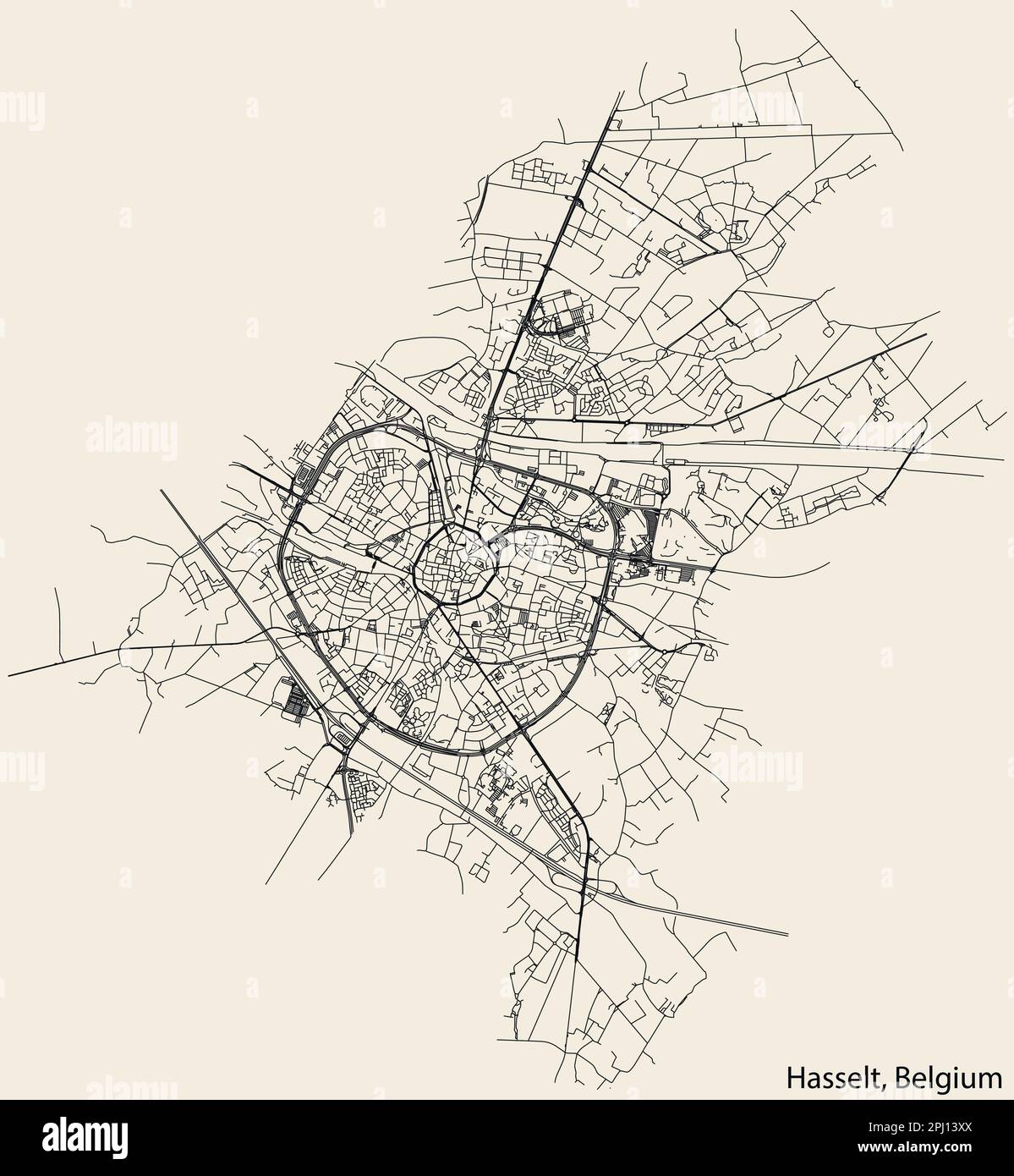 Detailed hand-drawn navigational urban street roads map of the HASSELT ...