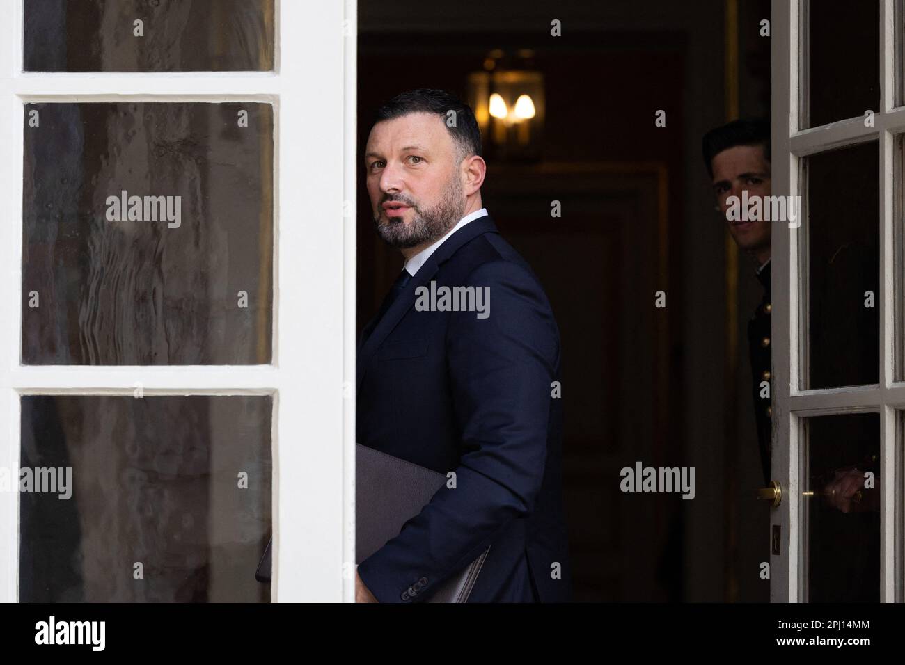 Paris, France. 30th Mar, 2023. Deputy Xavier Iacovelli arrives for a ...