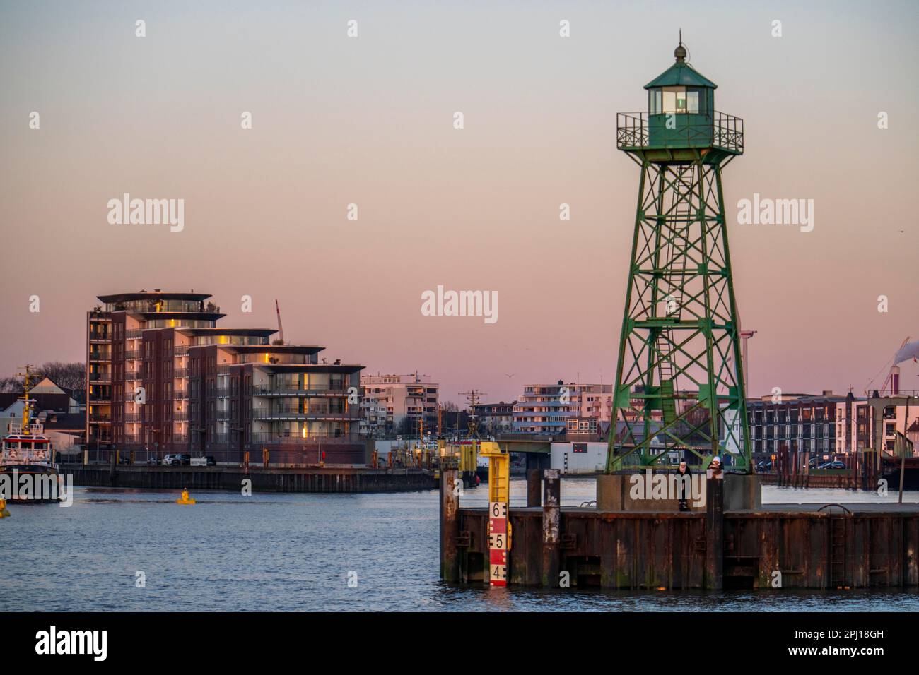 Skyline of Bremerhaven, seen over the Weser, lighthouse at the mouth of ...