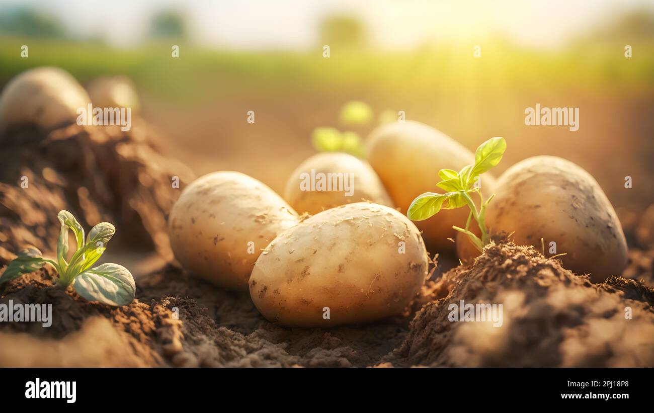 Natural young potatoes on field on blurred village area landscape in ...