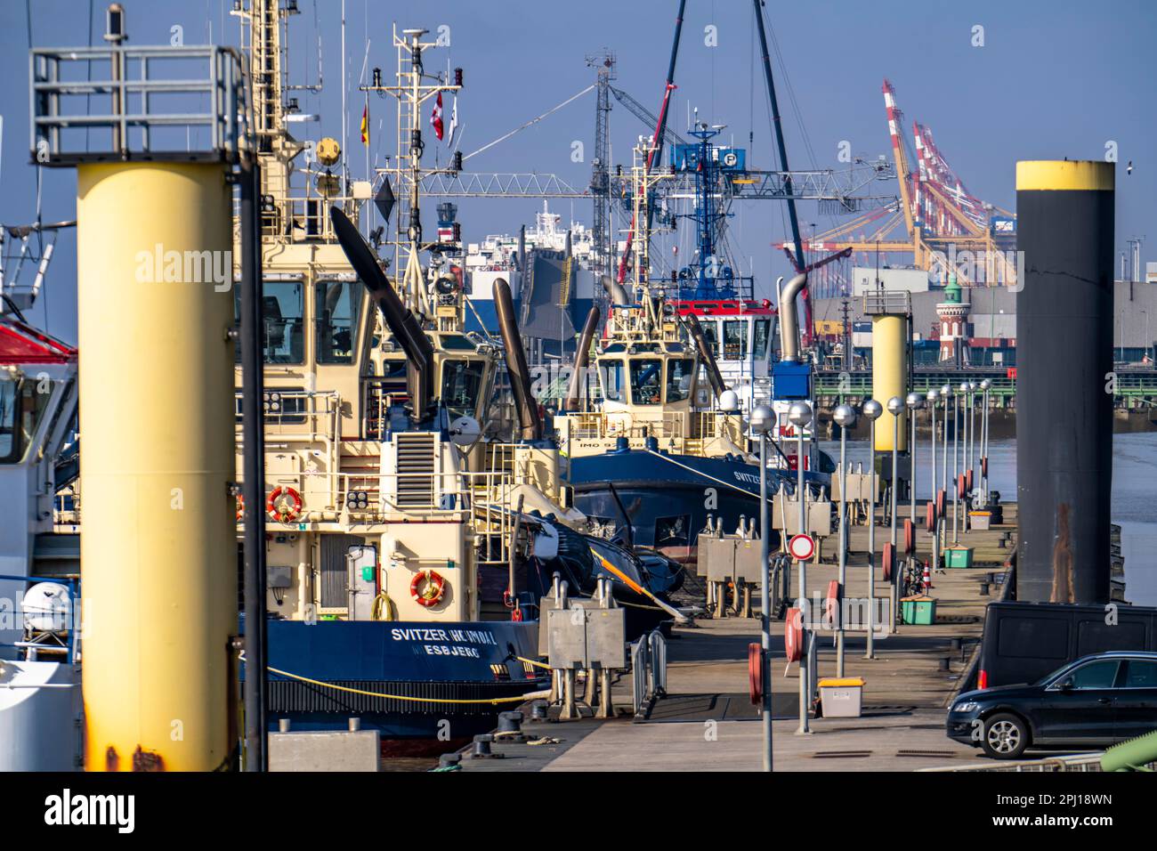 Harbour tugs, tugboats, bowsers, at the pier near the Columbus quay ...