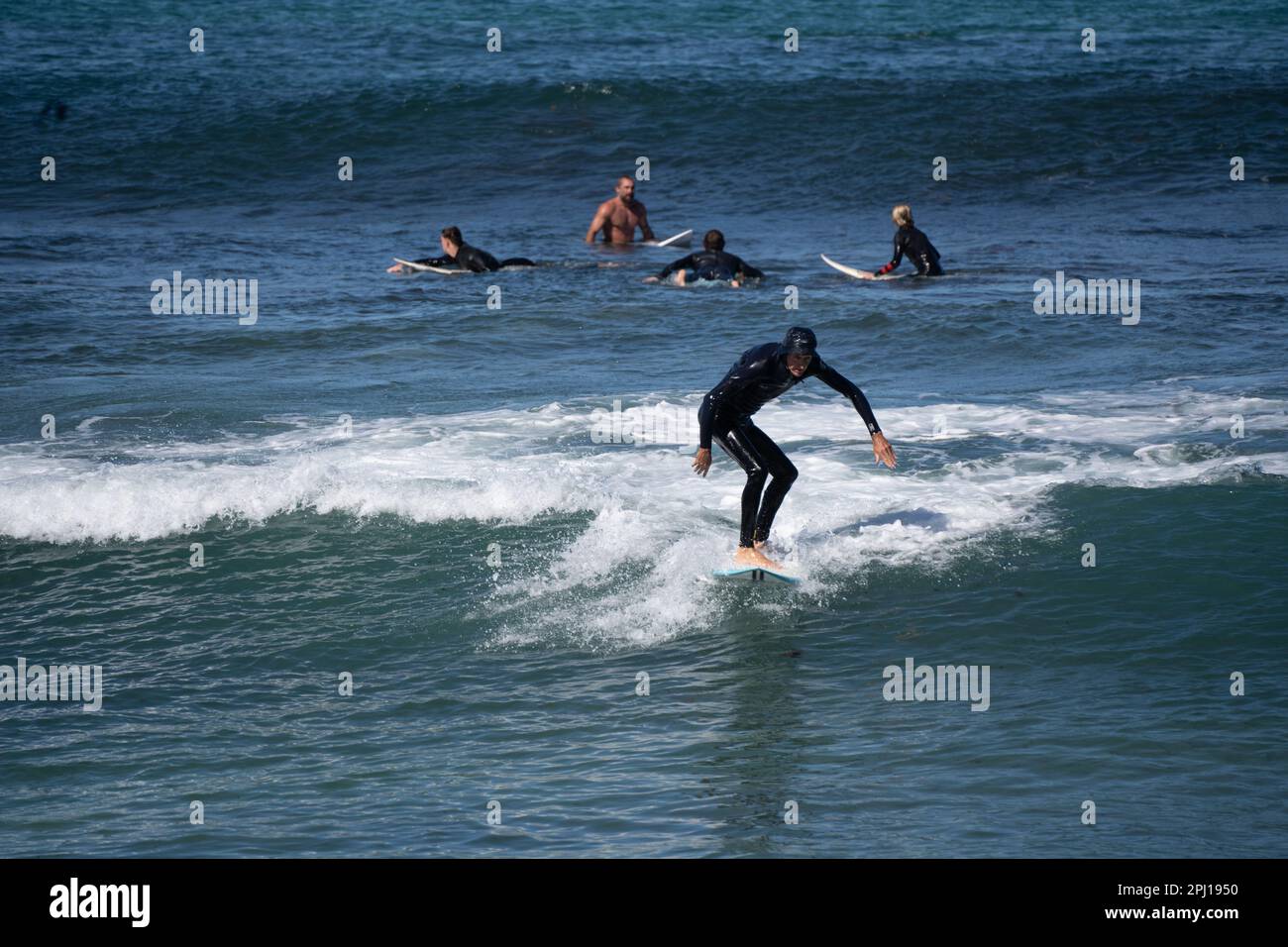 Practising surfing the waves on a quiet day at Yanchep Beach, Perth ...