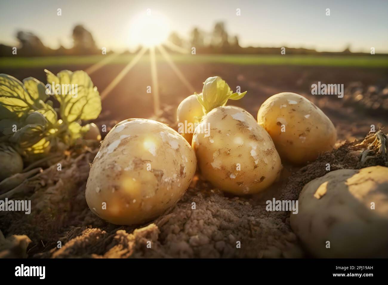 Natural young potatoes on field on blurred sunny village area landscape ...