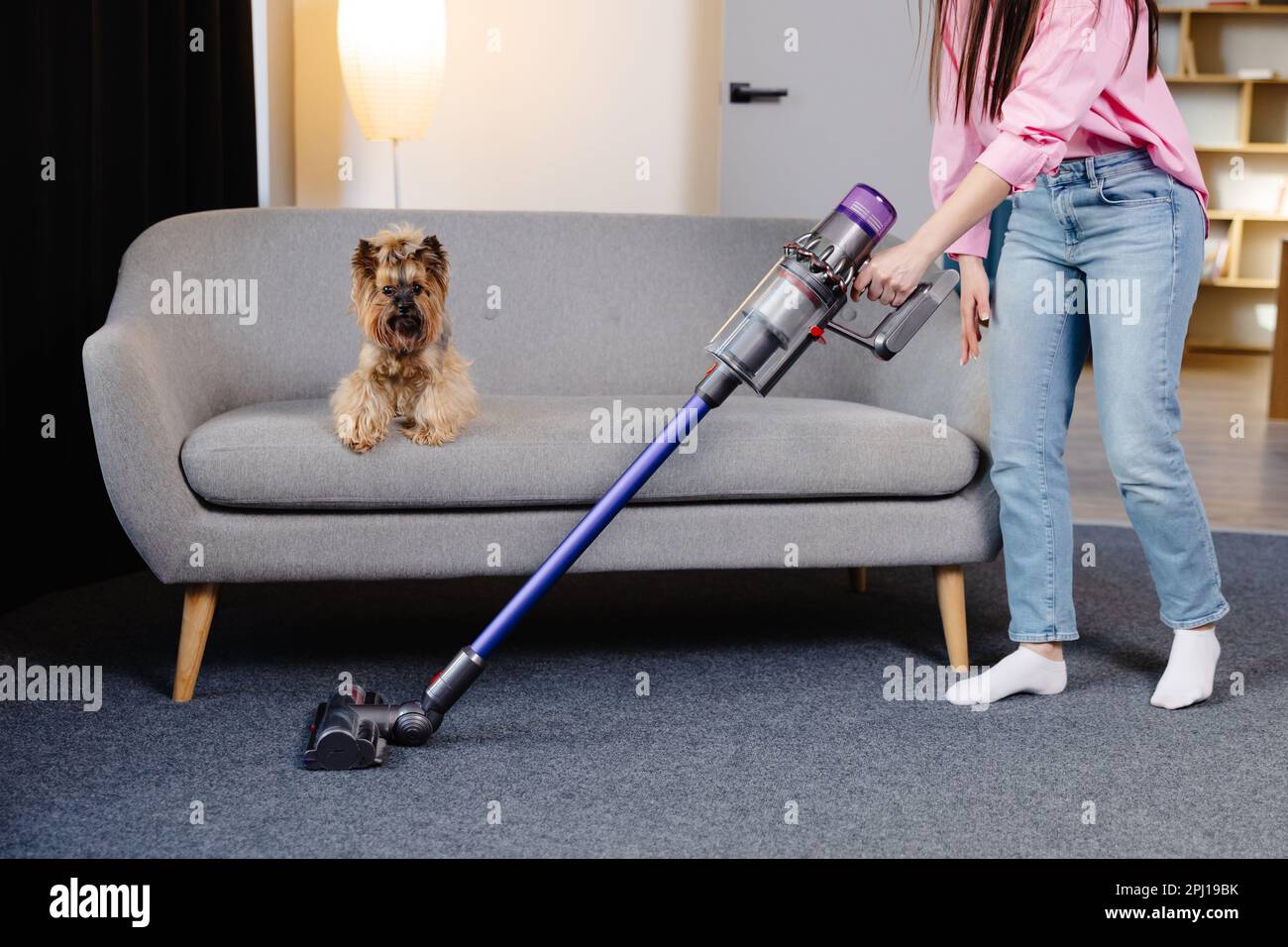 Cute Young Woman Vacuuming At Home With A Cordless Vacuum Cleaner While