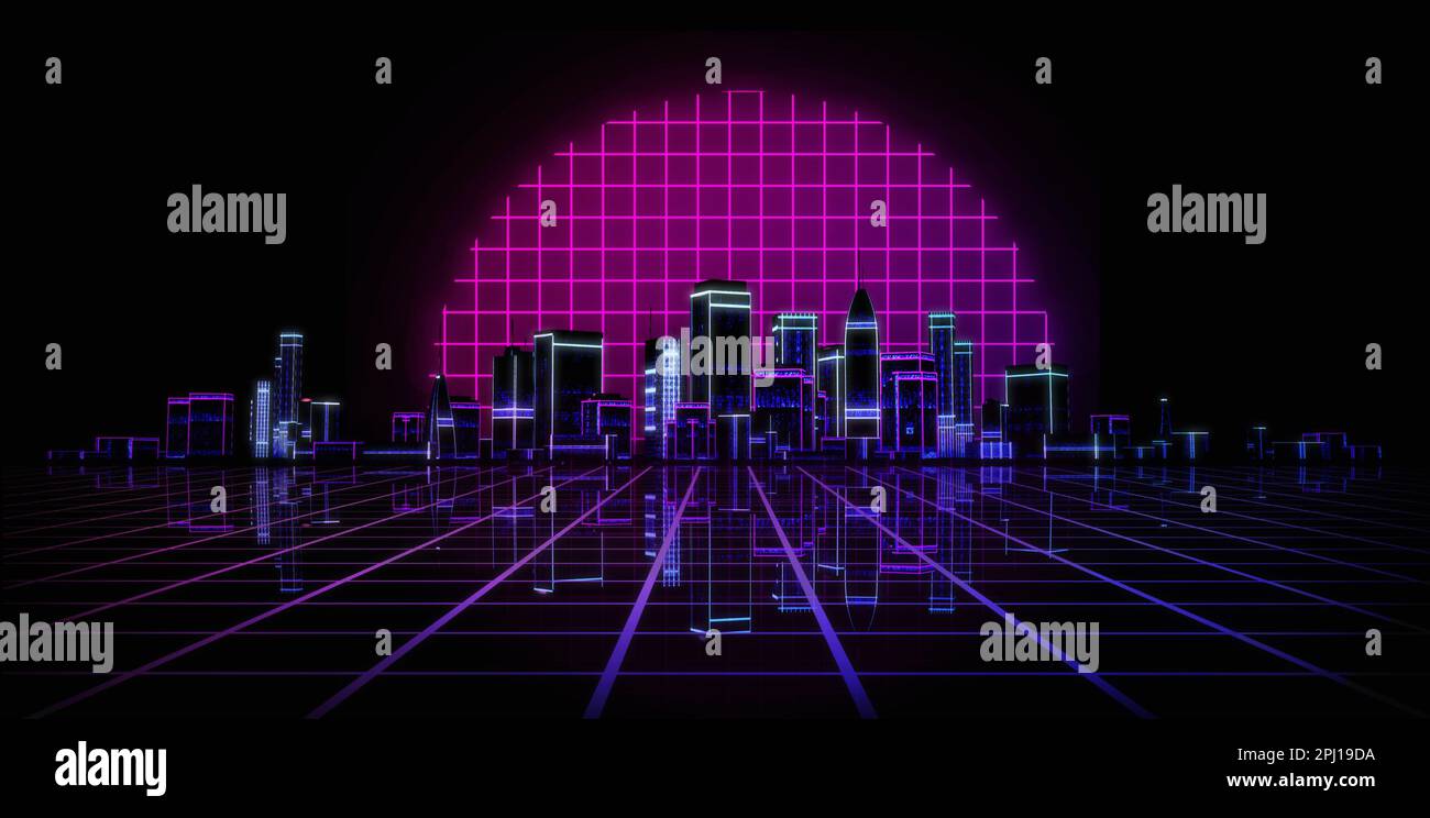New retro wave style city, background template. A 3D illustration with ...