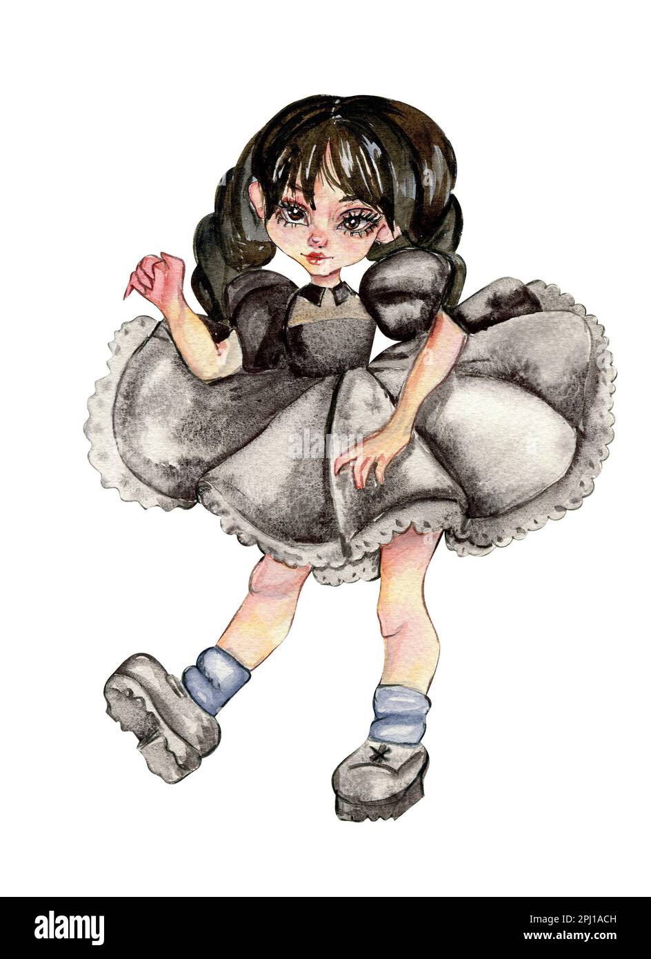 Watercolor hand drawn Wednesday dance.Illustration of cute girl in dark ...