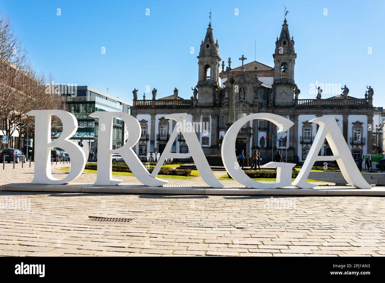 Braga, Portugal. February 11, 2023. View of Braga sign with the Igreja do Hospital ou Igreja de ...