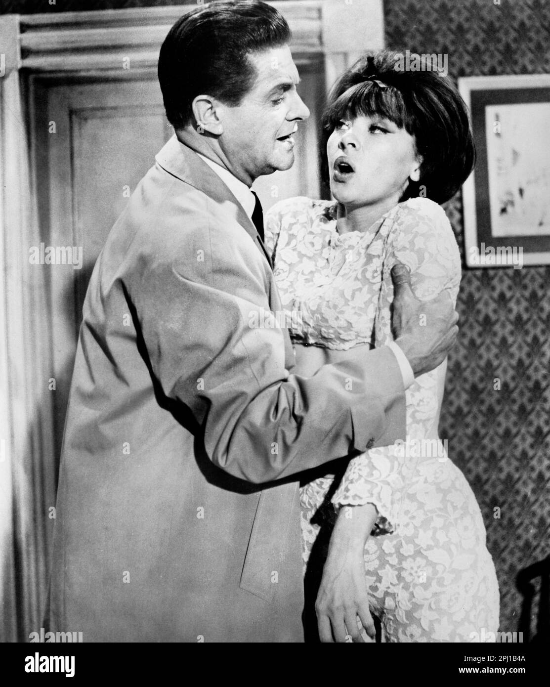 Bob Cummings, Leslie Caron, on-set of the Film, "Promise Her Anything ...