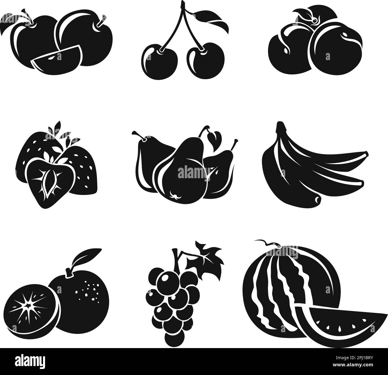 Set of various fruits and berries. Vector black silhouettes of fruits ...
