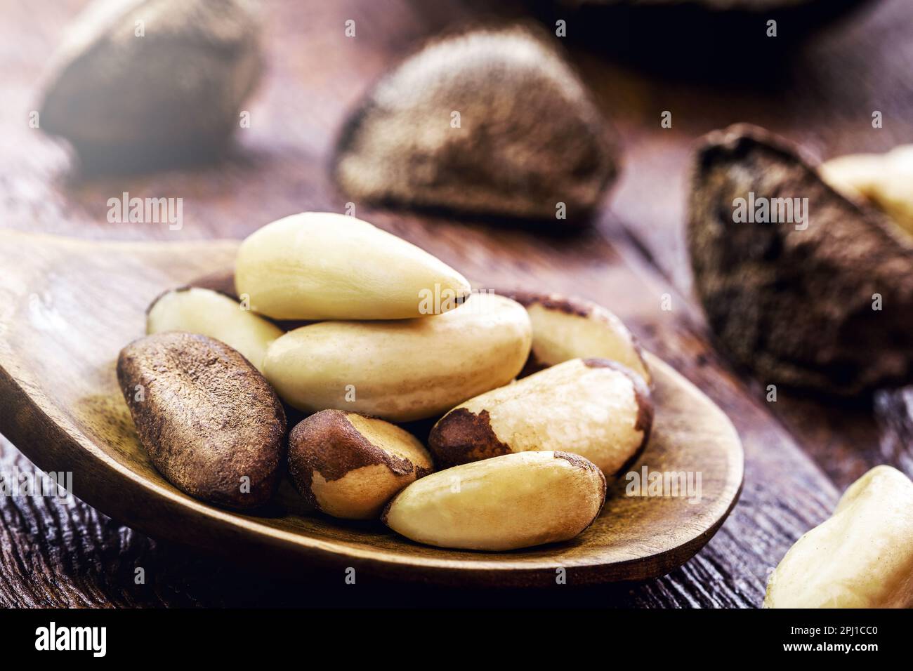 Brazil nut, macro photo, closeup. Acre chestnut in wooden spoon, typical of the Amazon ...