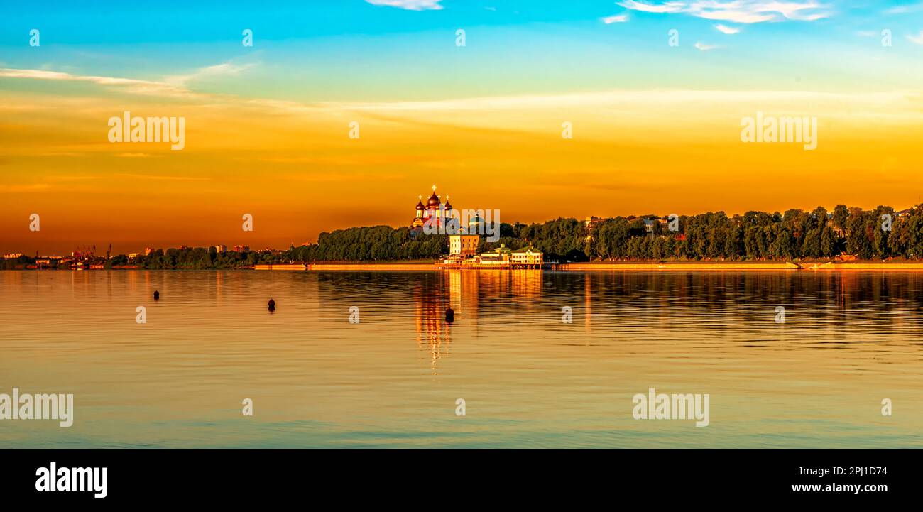 Landscape of the Volga River with a view of the Assumption Cathedral in ...