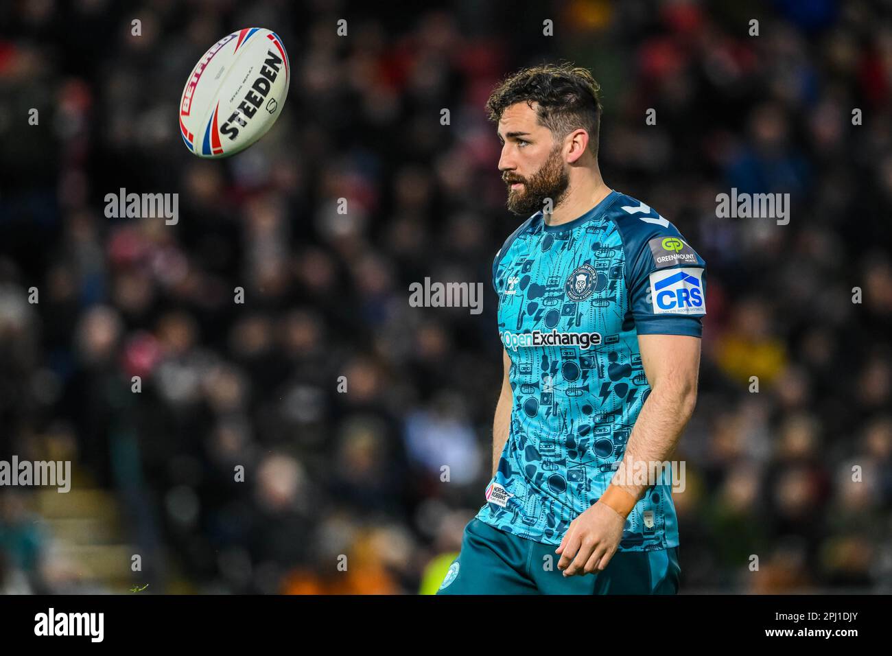Toby King #3 of Wigan Warriors during pre match warm up ahead of the ...