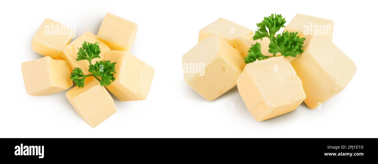 butter cubes isolated on white background with full depth of field. Top ...