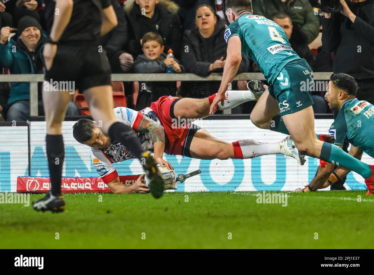 Tom Briscoe #2 of Leigh Leopards goes over for a try during the Betfred ...