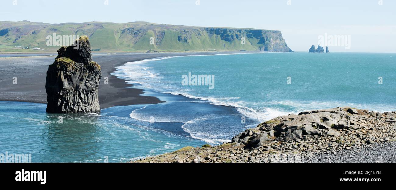 Panoramic view of Vik cliffs and beach. Iceland. Voclanic beach Stock ...