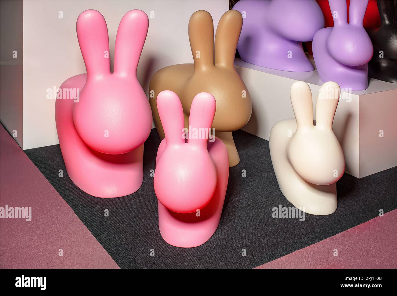 Easter bunnies in the form of large and small plastic figures of ...