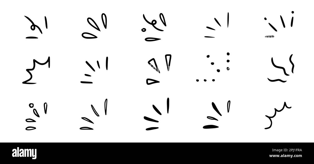 Doodle shine sunburst sparkle ray elements. Hand drawn pop surprise line frame for title ...