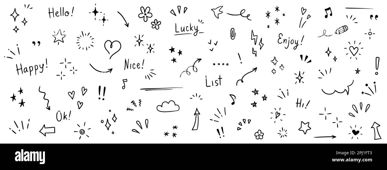 Doodle cute glitter pen line elements. Doodle heart, arrow, star ...