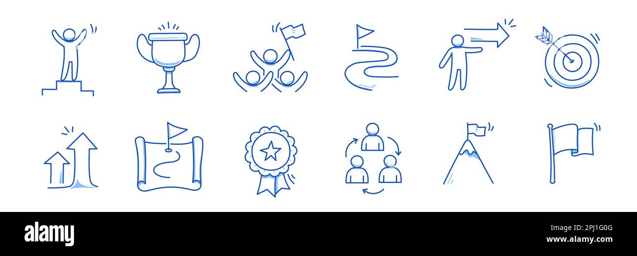 Success leader business doodle icons. Man with leadership flag doodle ...