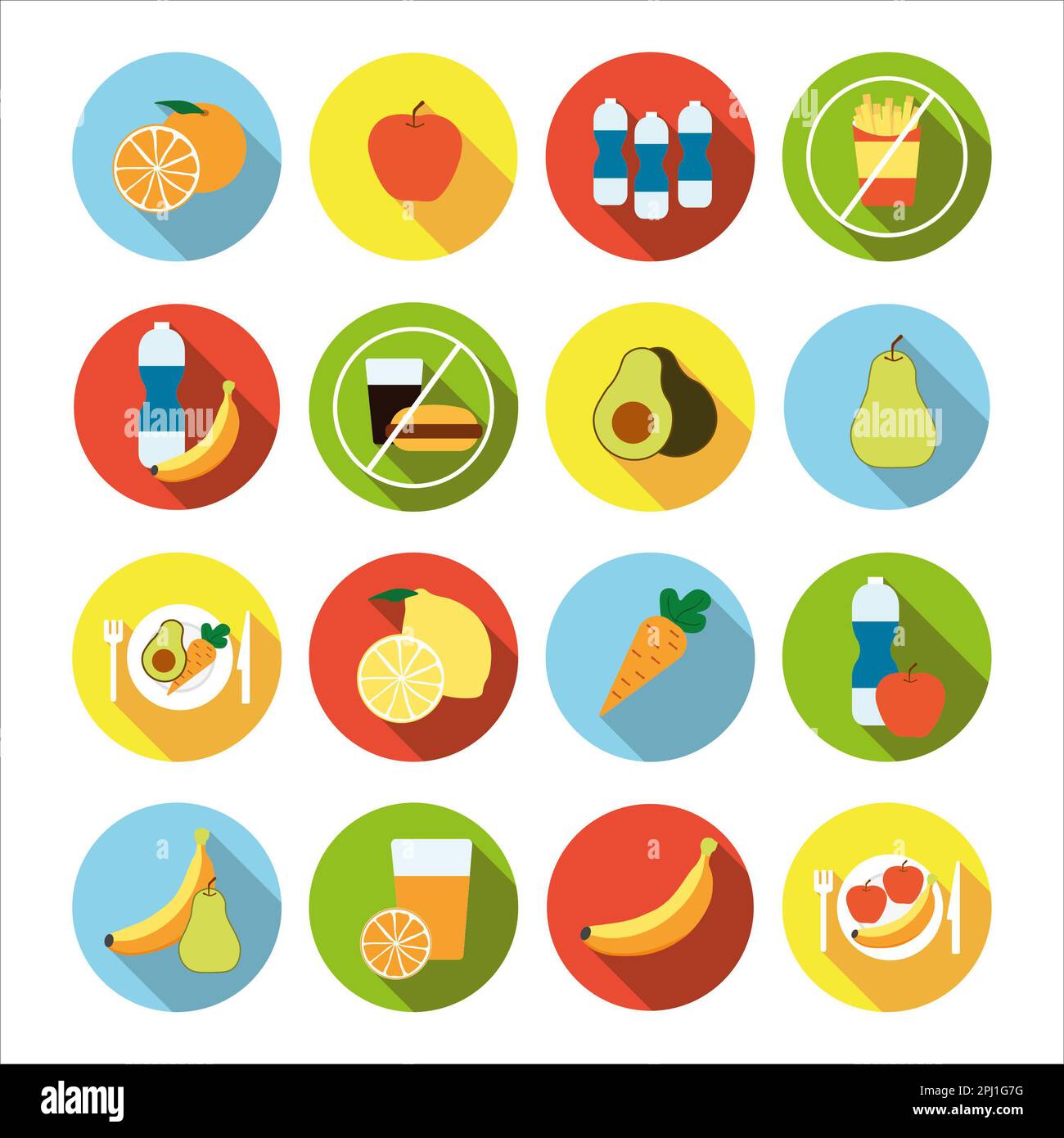 Collection of icons with different fruit and healthy eating in flat ...