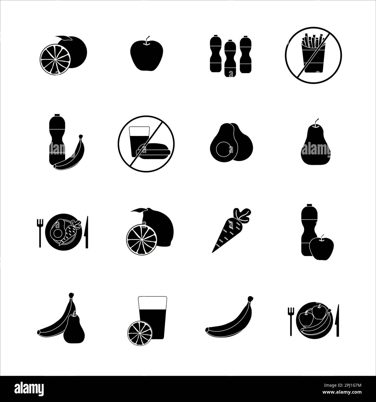 Collection of icons with different fruit and healthy eating in simple ...