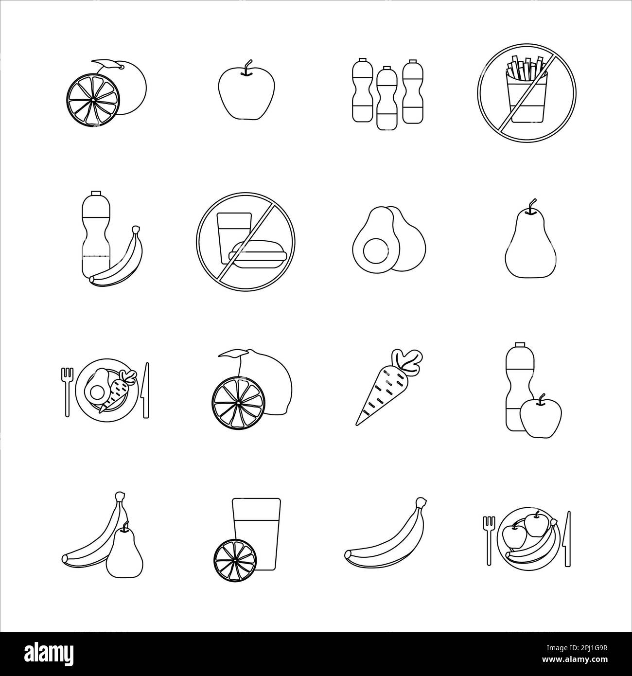 Collection of icons with different fruit and healthy eating in outline ...