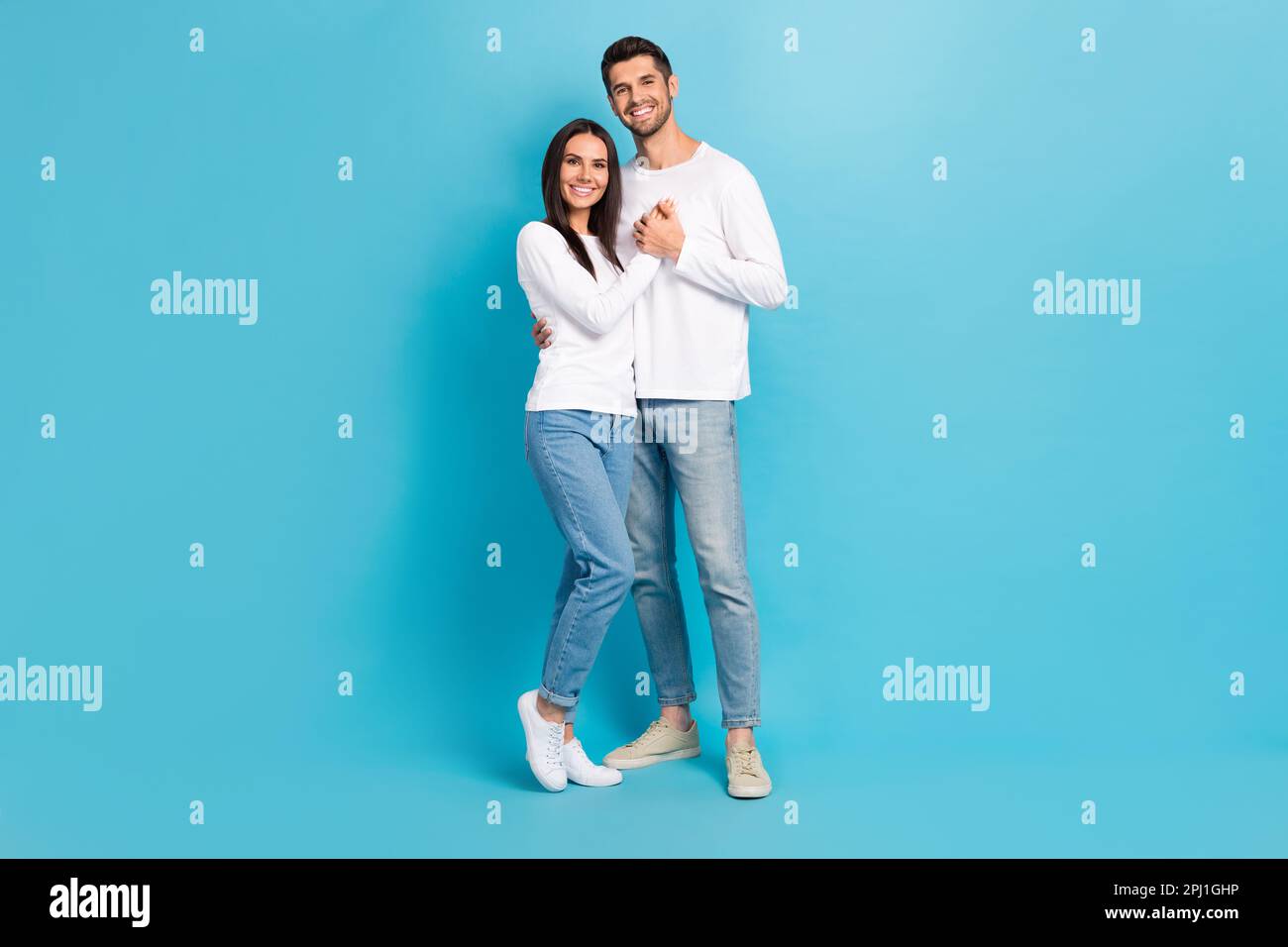 Full size photo of two good mood lovely persons dressed white shirts ...