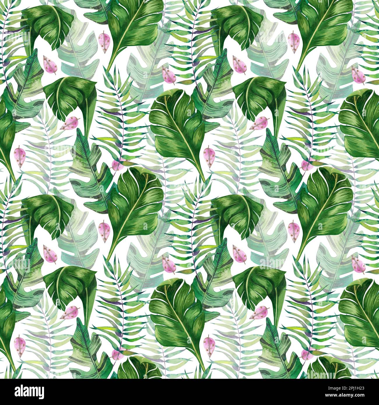 tropical leaves. Seamless patterns of tropical leaves in green and pink ...