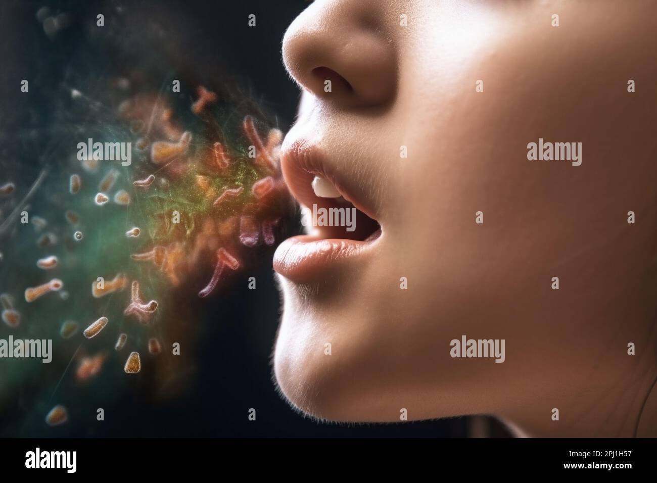 Close-up of a woman's face with many little viruses flying out of her ...