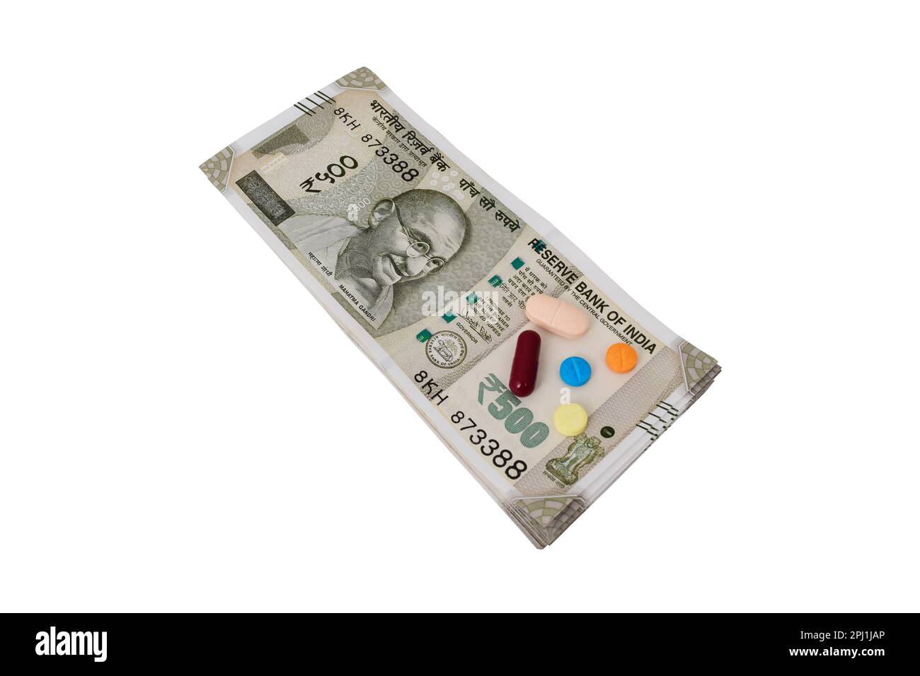 Indian pharmacy business, money with medicine on white background Stock ...