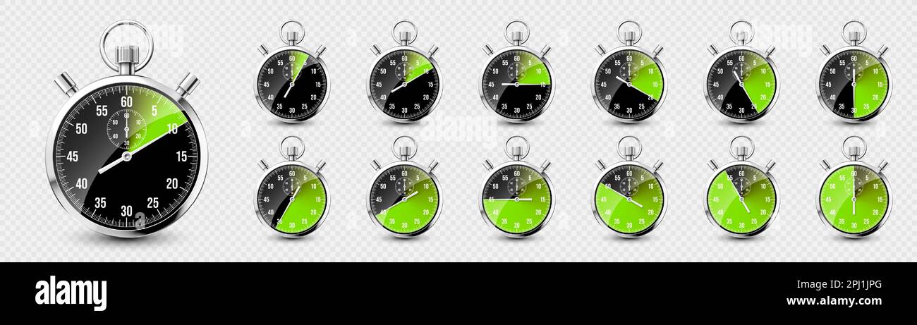Realistic classic stopwatch. Shiny metal chronometer, time counter with ...
