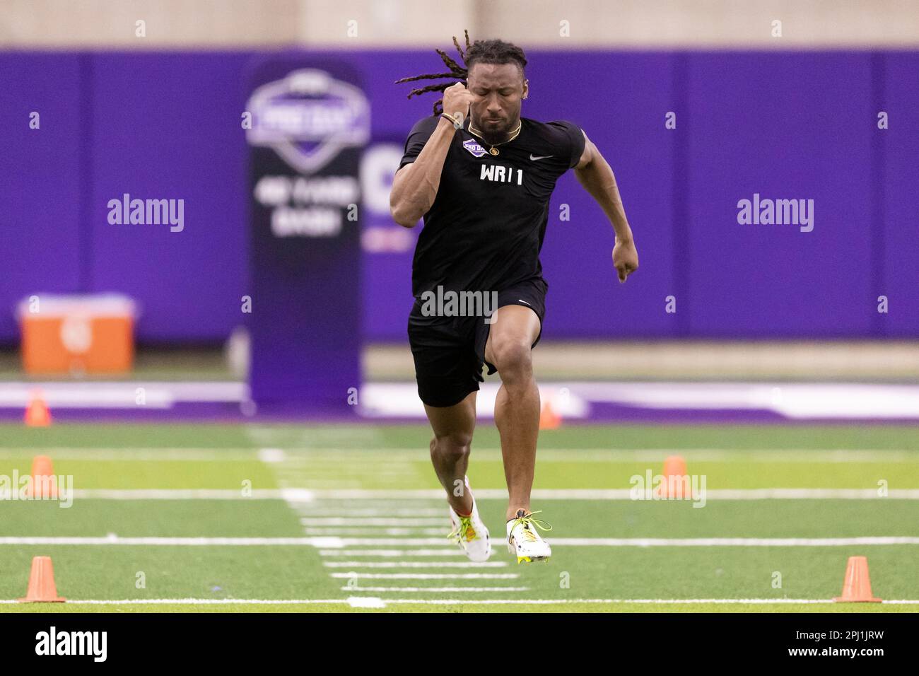 TCU wide receiver Quentin Johnston runs the 40 yard dash during Pro Day ...