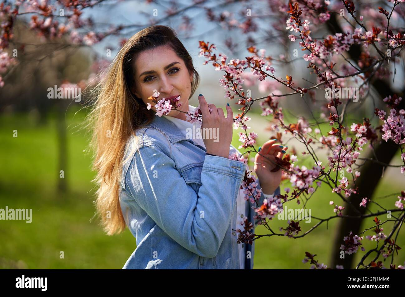 East asian young woman enjoying spring in a park with flowering trees ...