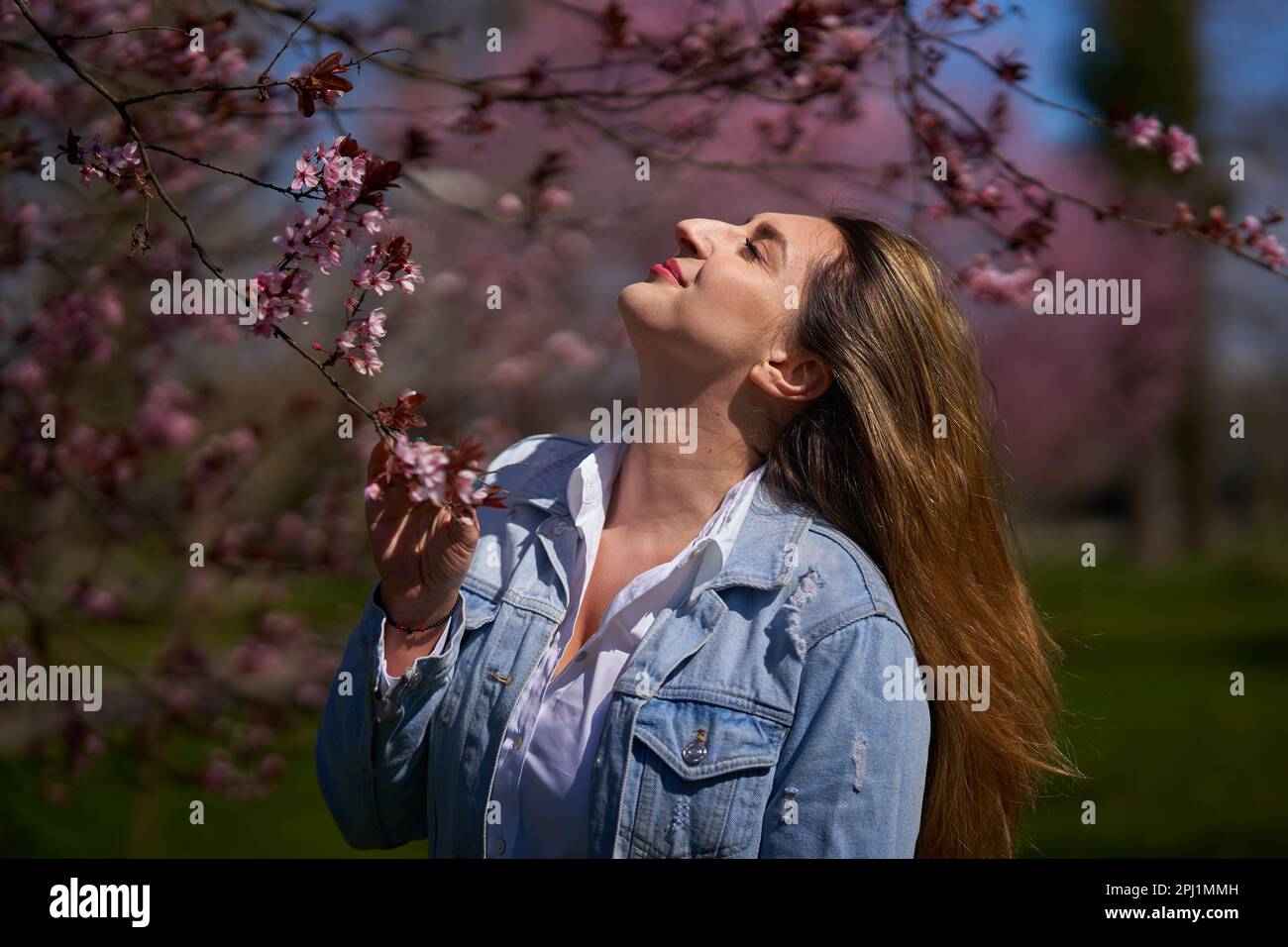 East asian young woman enjoying spring in a park with flowering trees ...