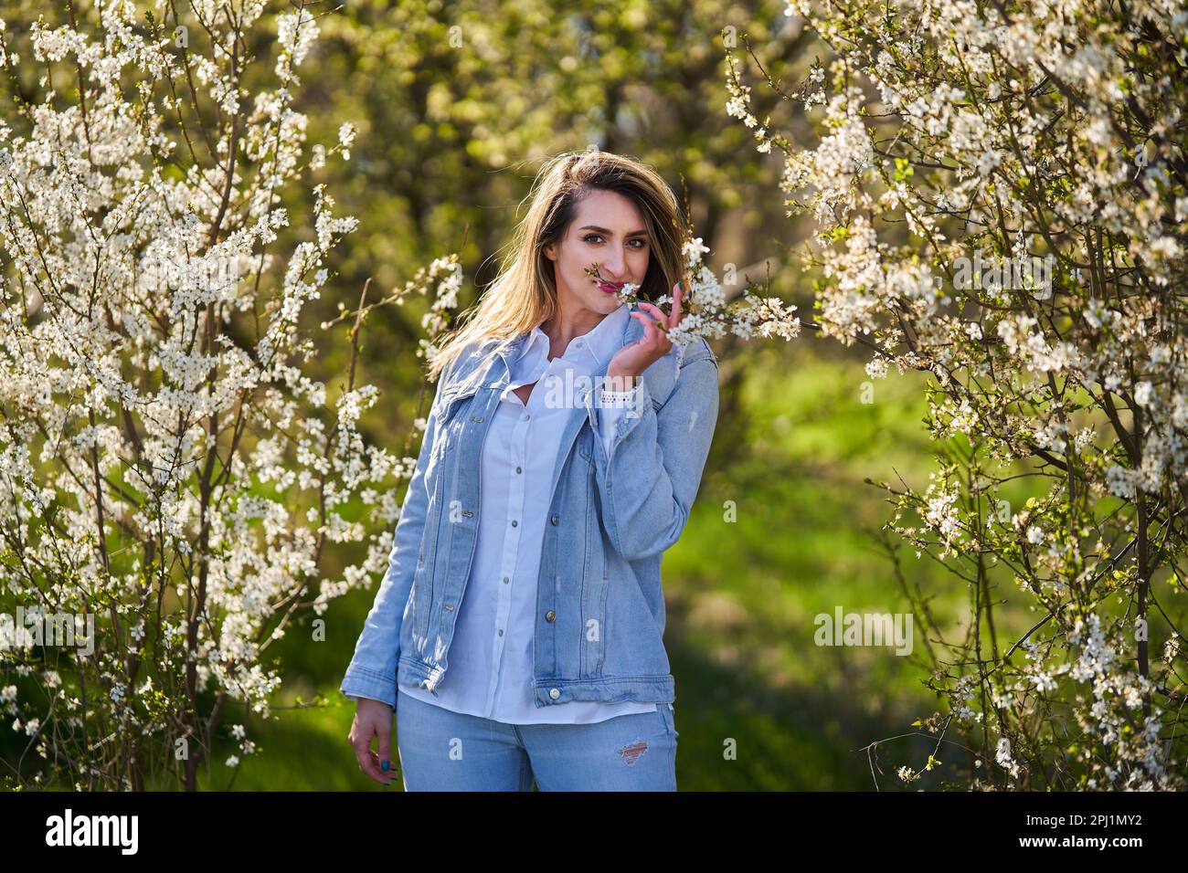 East asian young woman enjoying spring in a park with flowering trees ...