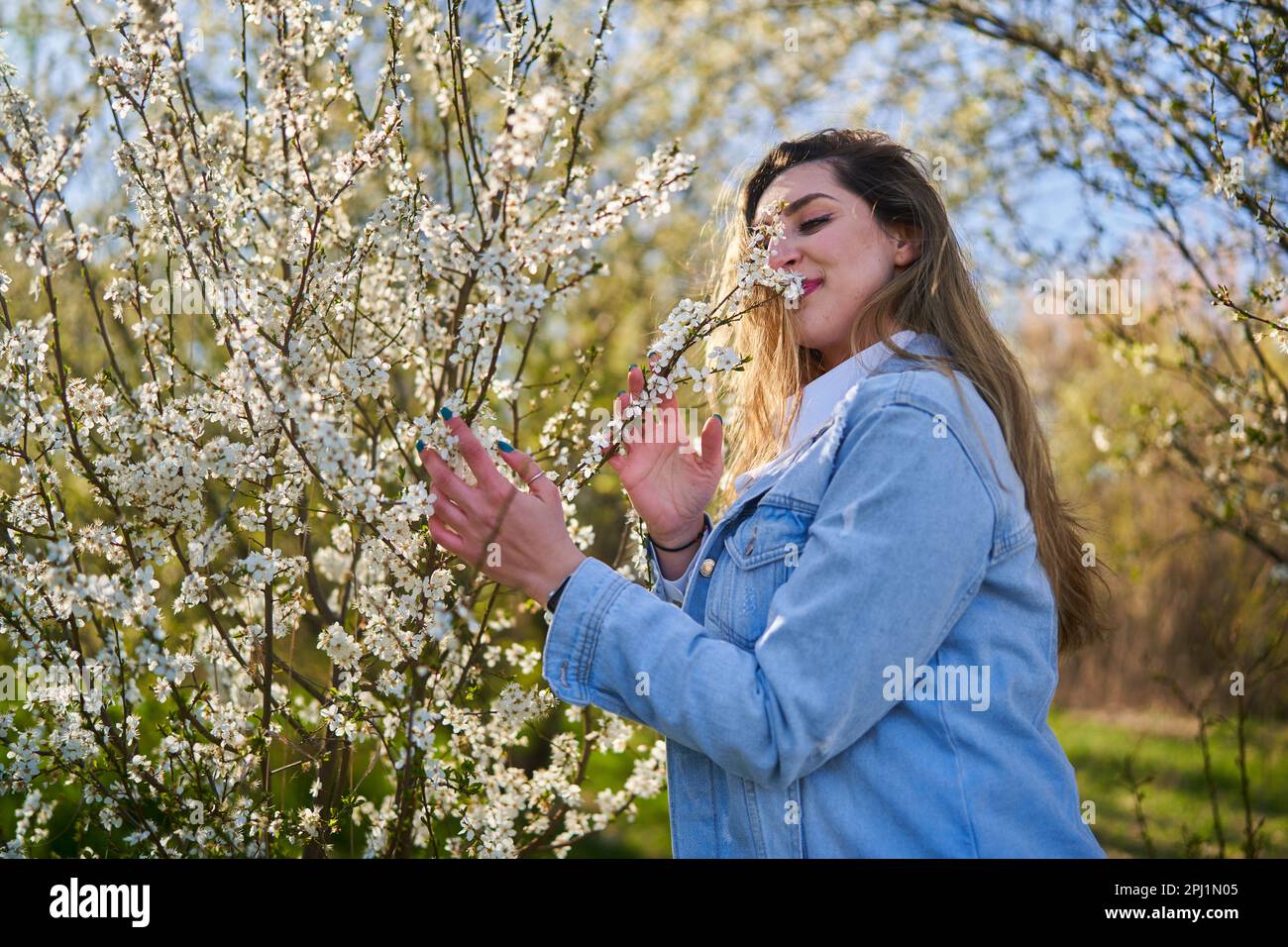 East asian young woman enjoying spring in a park with flowering trees ...
