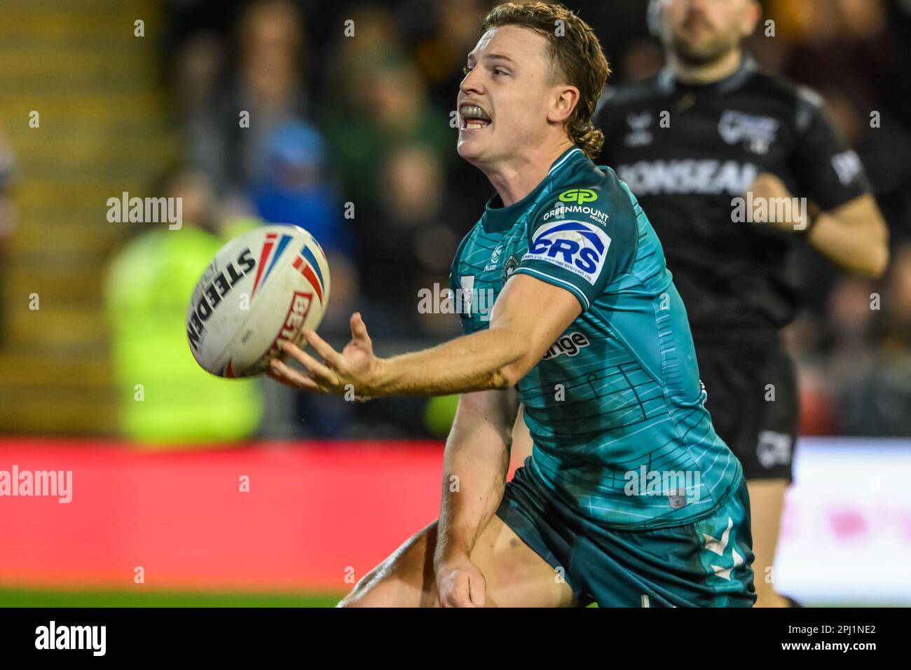Jai Field #1 of Wigan Warriors celebrates his try during the Betfred ...
