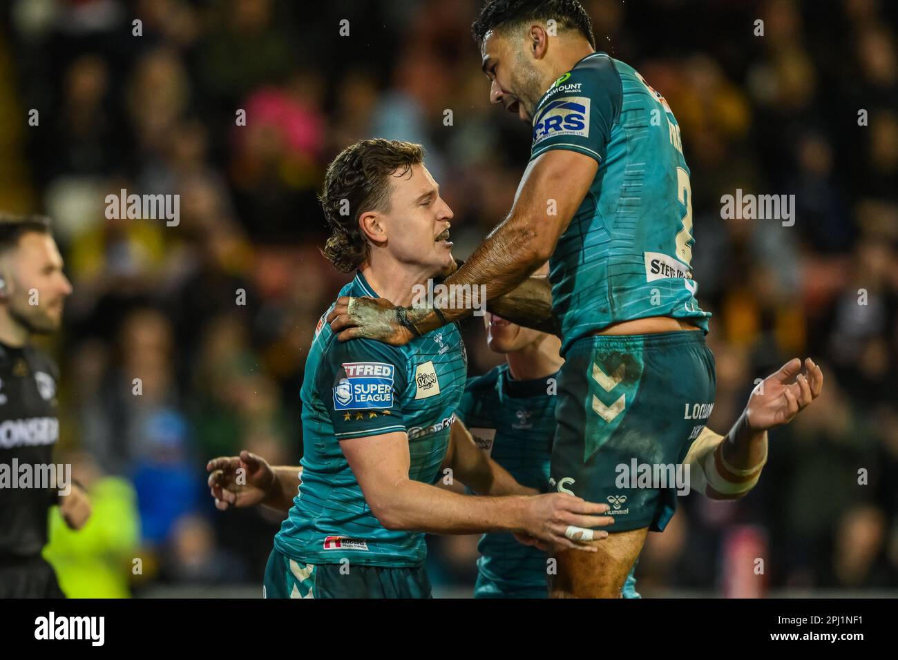 Jai Field #1 of Wigan Warriors celebrates his try during the Betfred ...