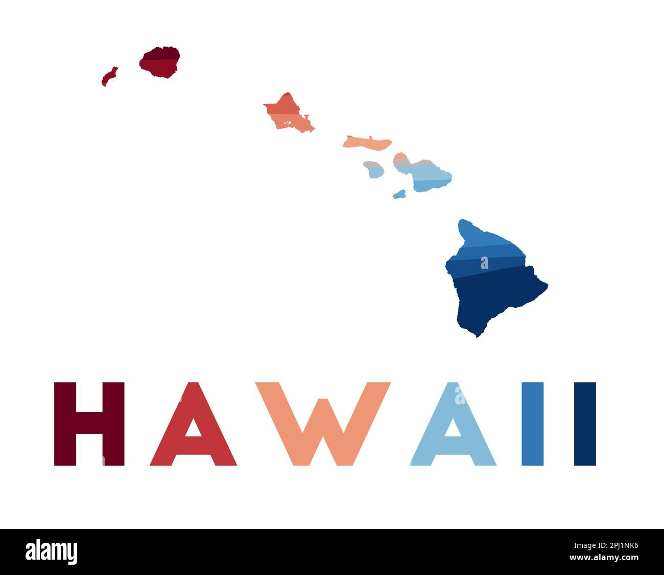 Hawaii map. Map of the island with beautiful geometric waves in red and ...