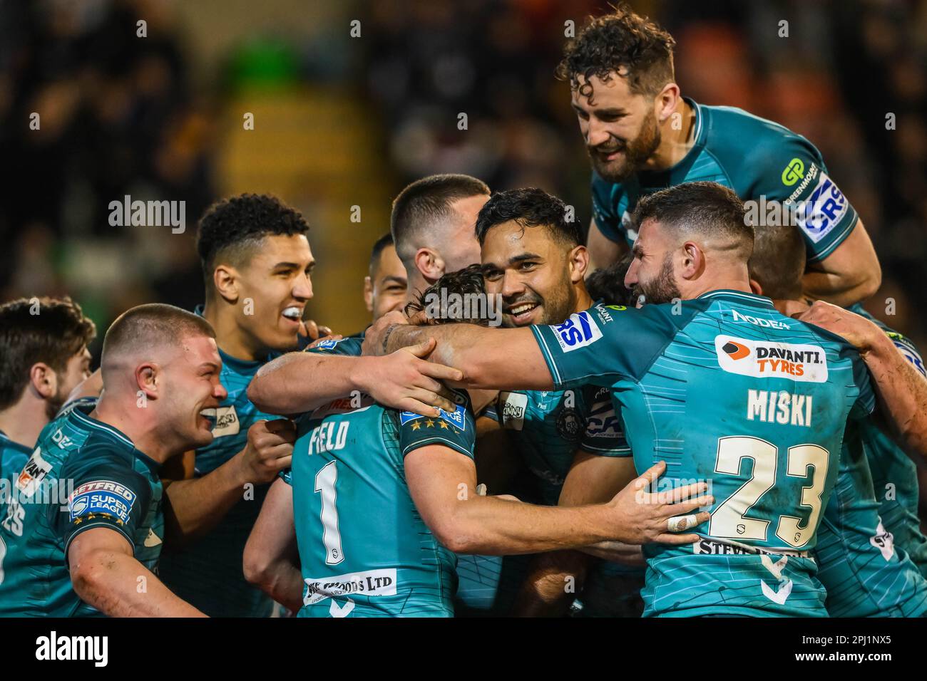 Jai Field #1 of Wigan Warriors celebrates his try during the Betfred ...