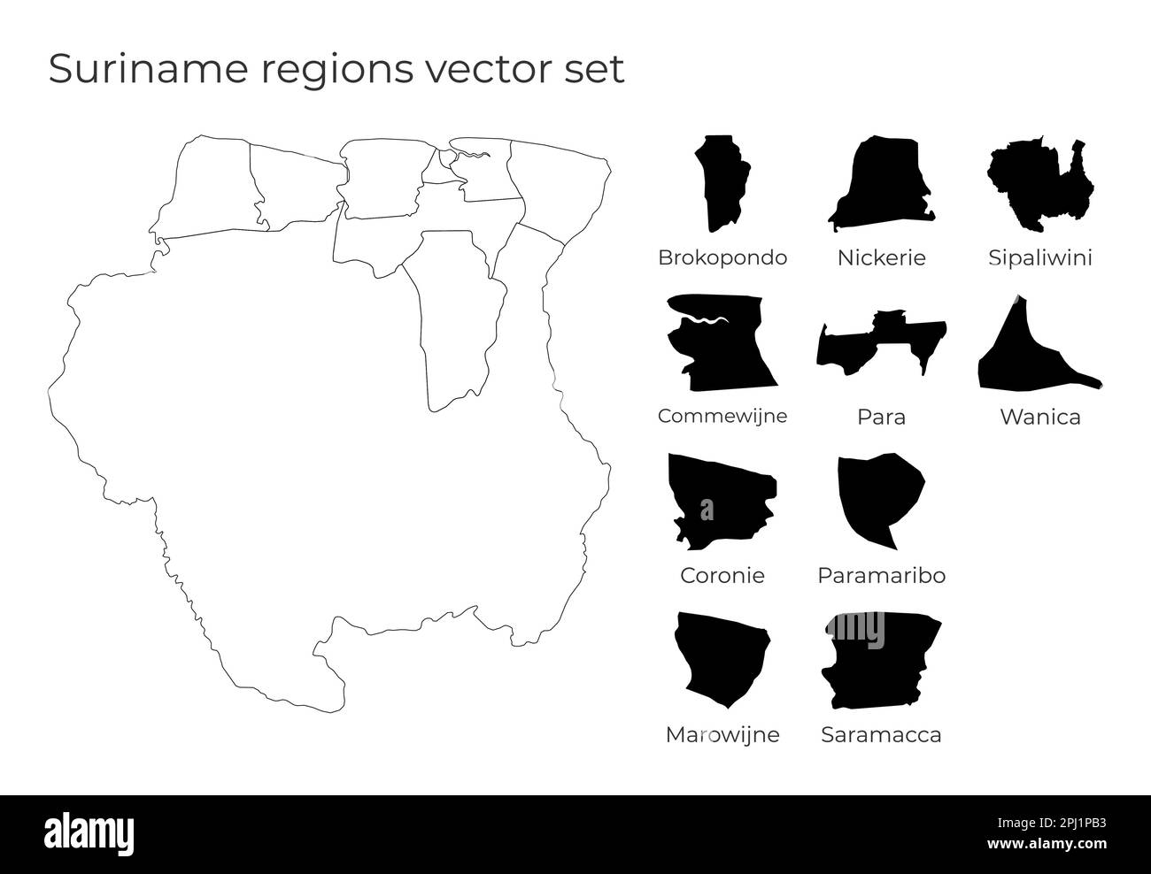 Suriname map with shapes of regions. Blank vector map of the country ...