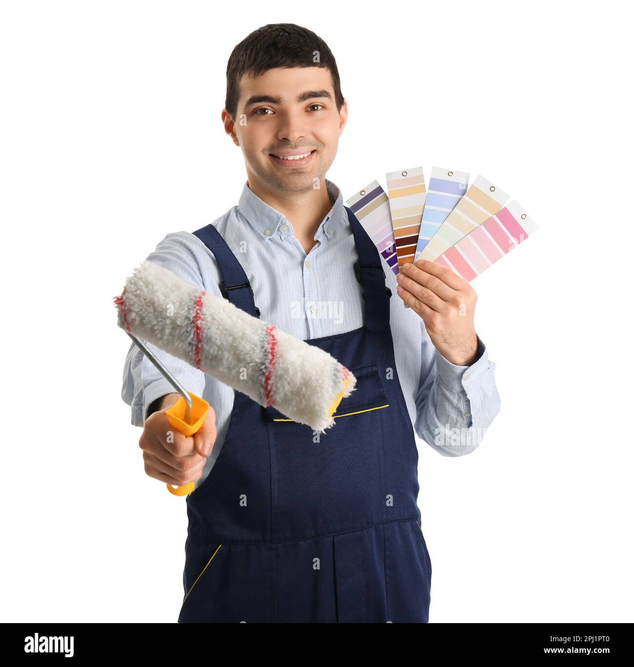 Male painter with color palettes and roller on white background Stock ...