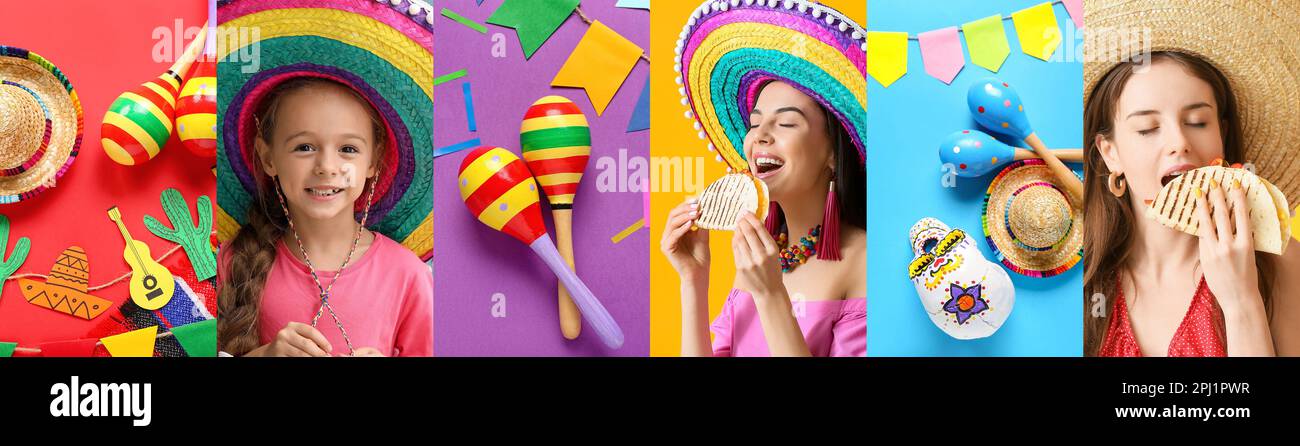 Collage of Mexican girls with sombrero, maracas, traditional food and ...