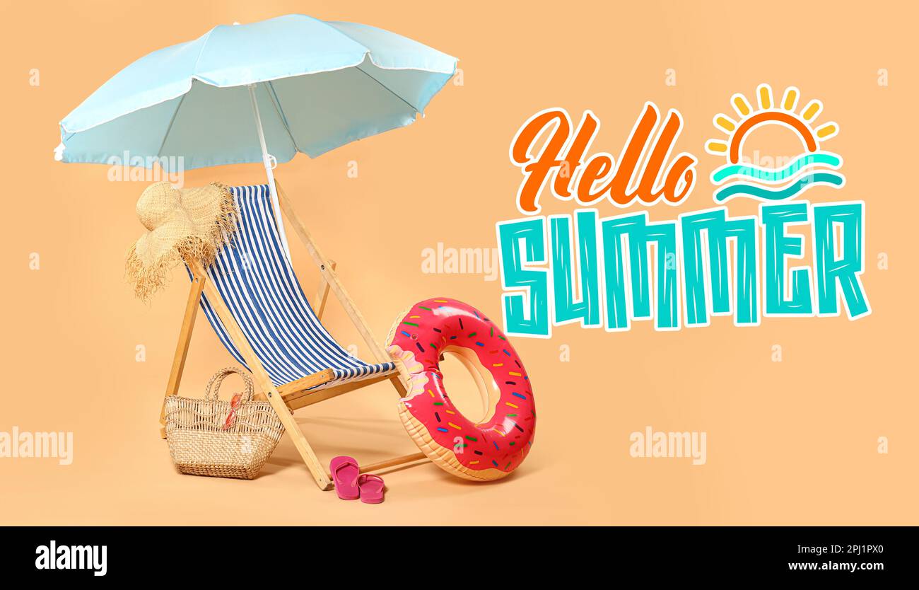 Banner with text HELLO SUMMER, beach chair, umbrella, inflatable ring ...