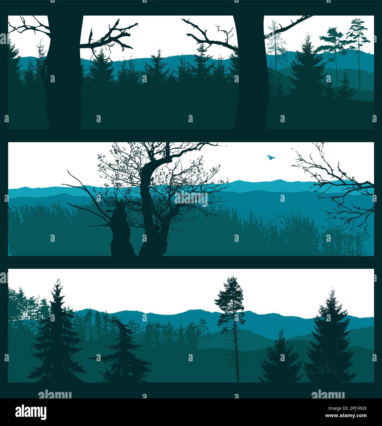 Horizontal blue graphic landscape. Set of different types of nature ...