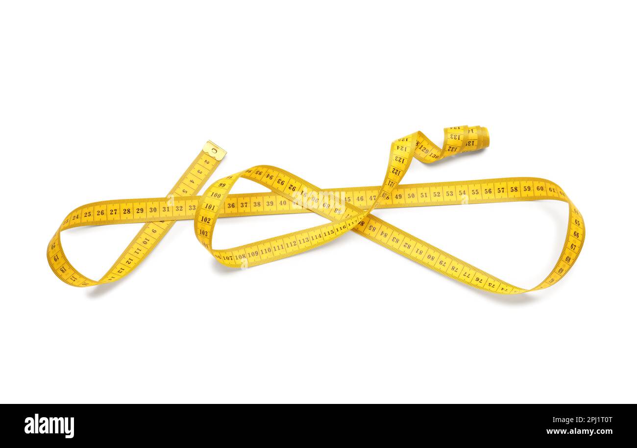 Yellow measuring tape isolated on white background Stock Photo - Alamy